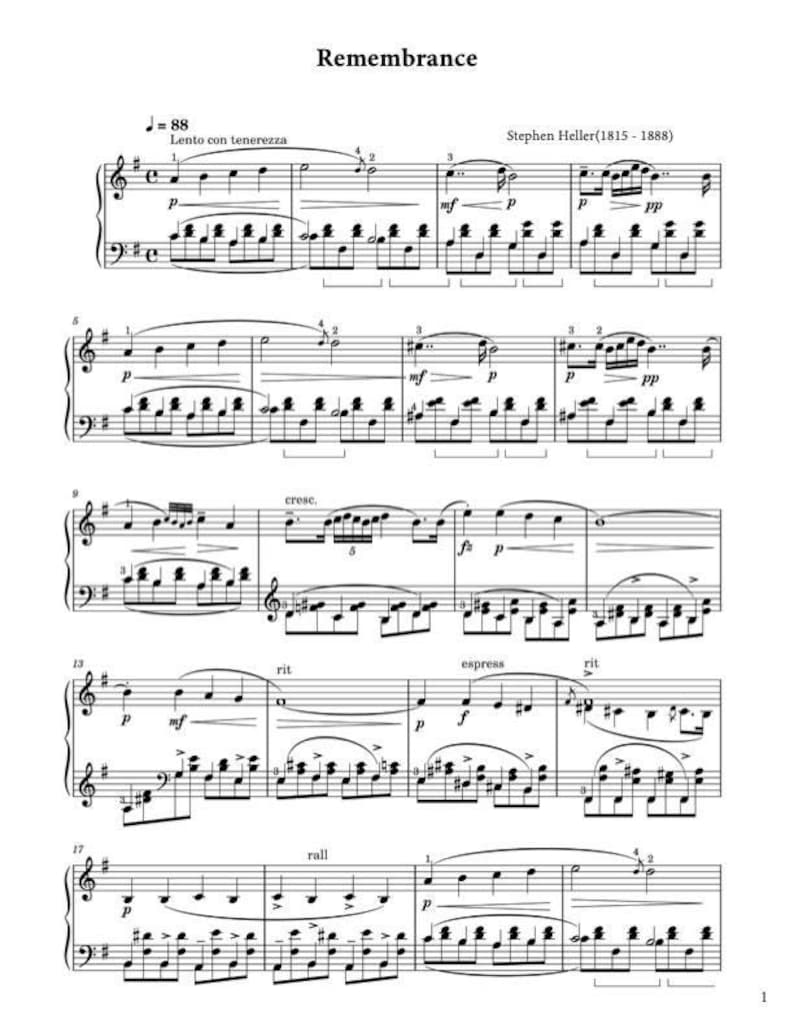 Piano Music Sheets Remembrance, Opus 82 No. 3 by Stephen Heller Piano Digital Download - Etsy