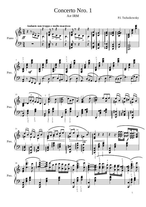 Piano Music Sheets - Piano Concerto No. 1 Op. 23 - Easy Version - Piano ...