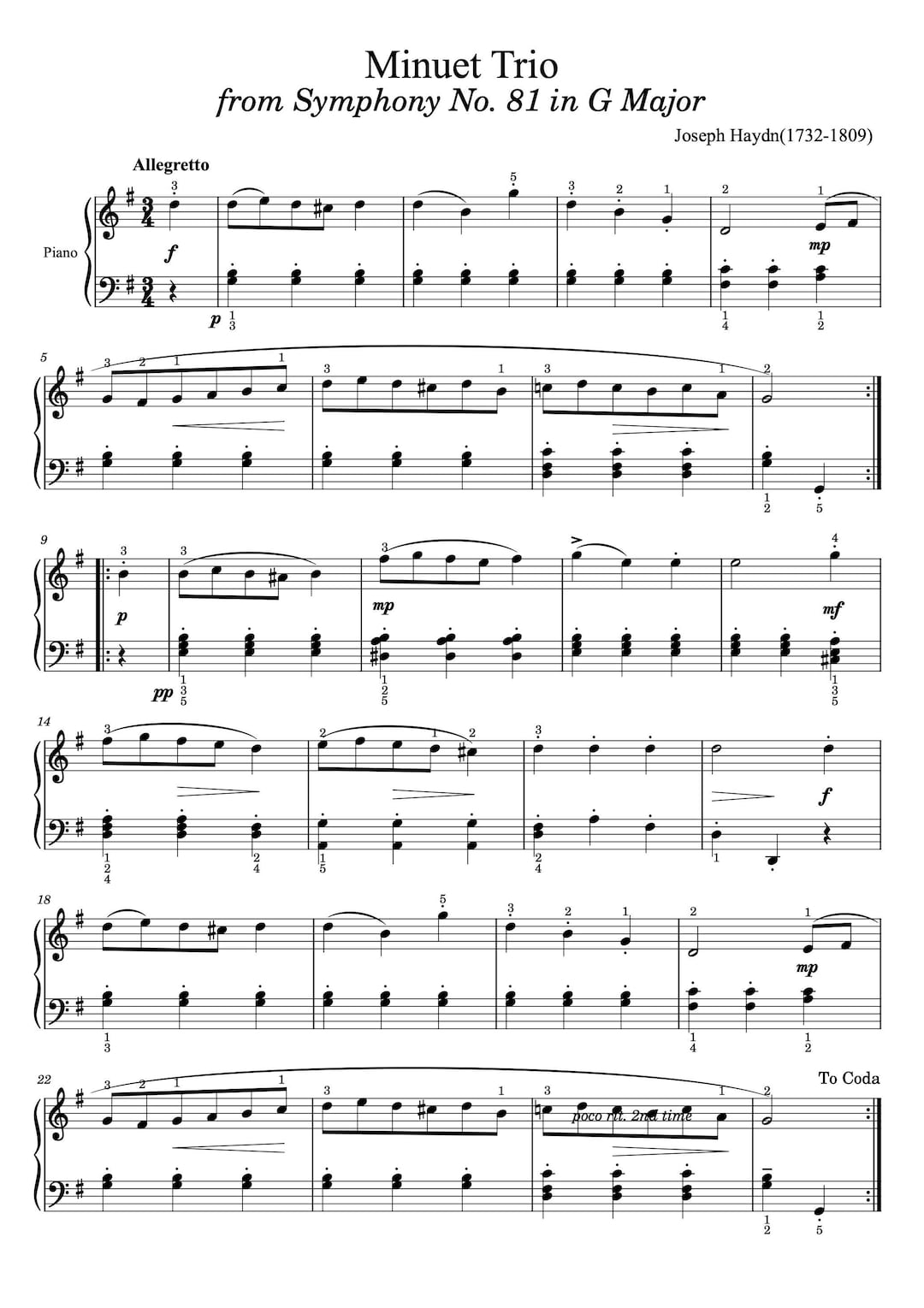 Piano Music Sheets - Minuet Trio - From Symphony No. 81 in G Major ...