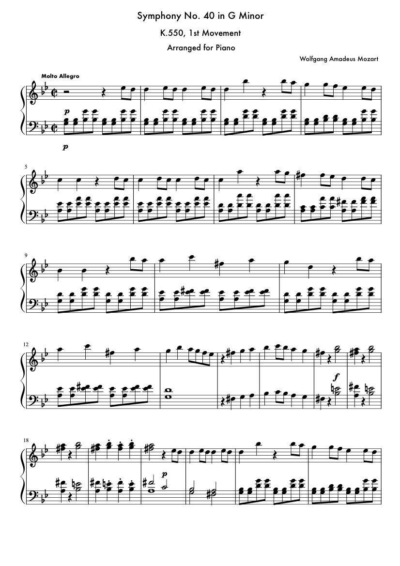 Piano Music Sheets - Symphony No. 40 in G Minor 1st Movement K. 550 ...
