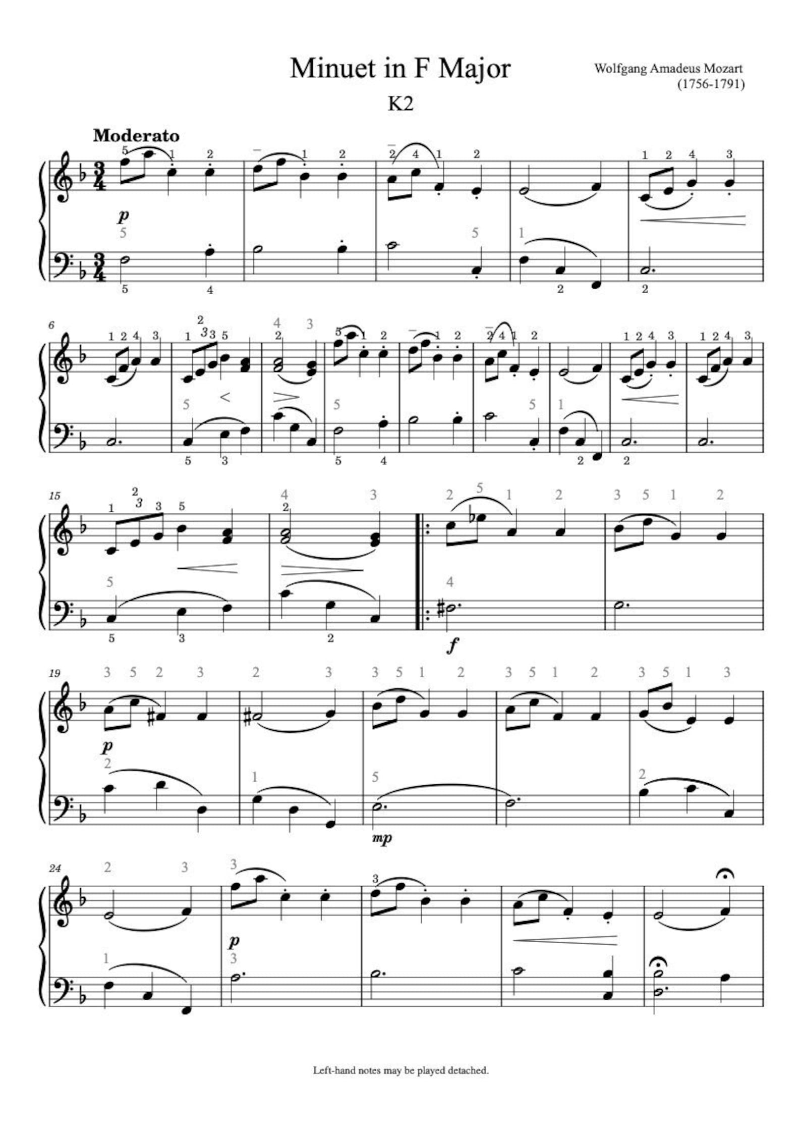 Piano Music Sheets - Minuet in F Major - Easy - Mozart - Physical Paper ...
