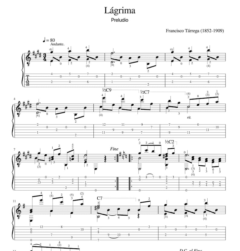 Guitar Music Sheets - Lágrima - Francisco Tarrega - Digital Download ...