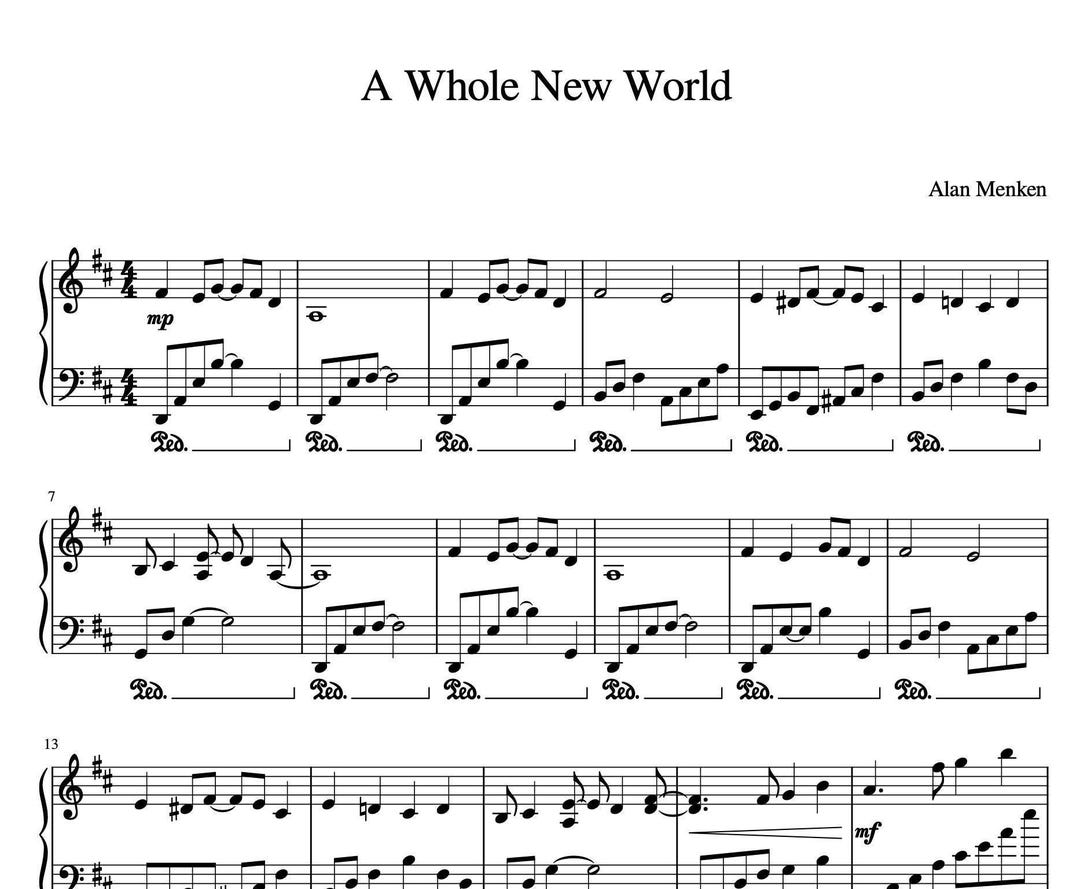 Piano Music Sheets - A Whole New World by Alan Menken - Aladdin ...