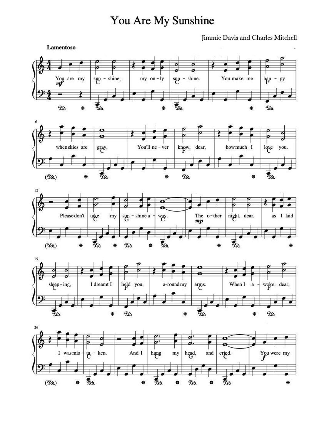 Piano Music Sheets - You Are My Sunshine by Jimmie Davis, and Charles Mitchell - Digital ...
