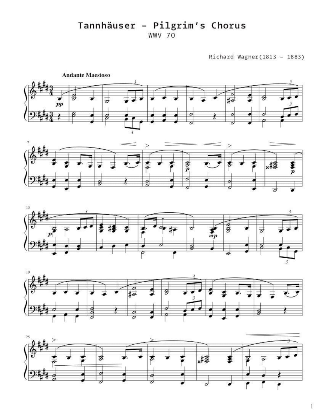 Piano Music Sheets Tannhäuser Pilgrim's Chorus WWV 70 Richard Wagner Digital Download - Etsy
