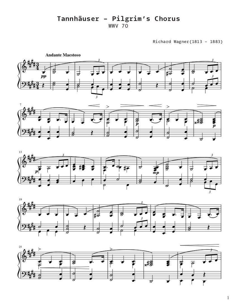 Piano Music Sheets - Tannhäuser Pilgrim's Chorus WWV 70 - Richard Wagner - Digital Download ...