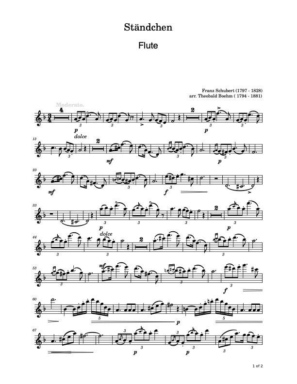 Piano Music Sheets - Ständchen for Flute & Piano - Schubert - Paper ...