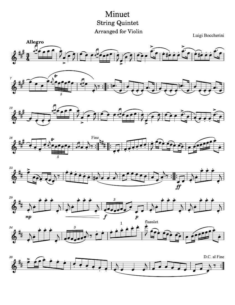 Violin Music Sheets - Minuet Arranged for Violin - Luigi Boccherini ...