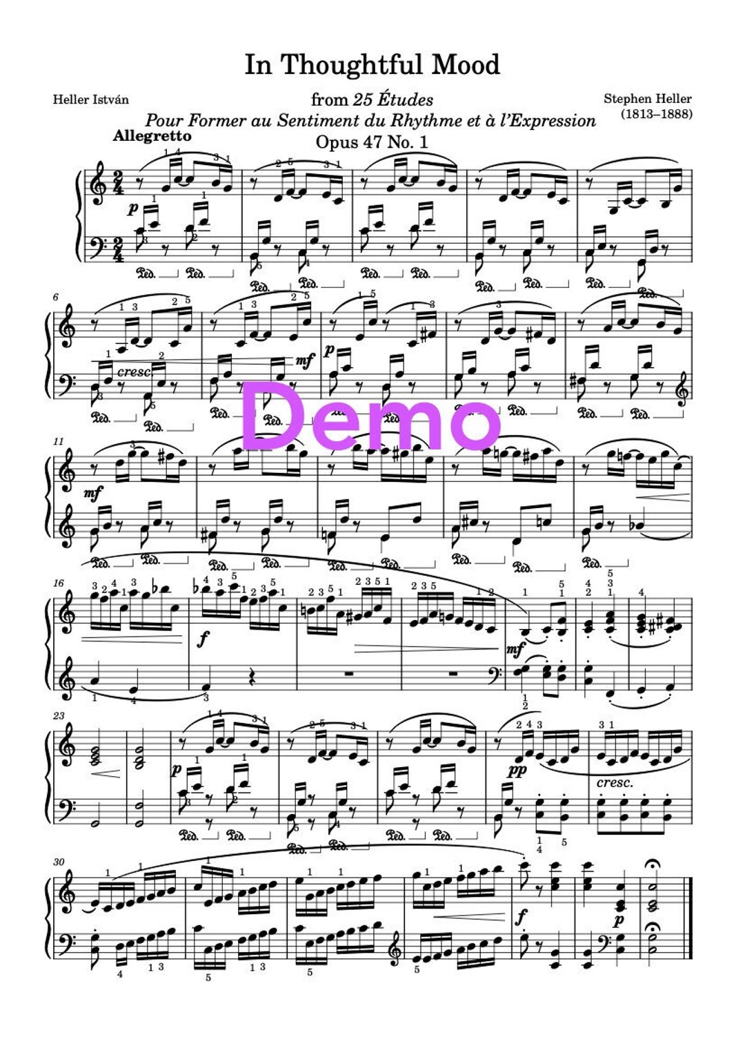 Piano Music Sheets - in Thoughtful Mood - Stephen Heller - Digital ...