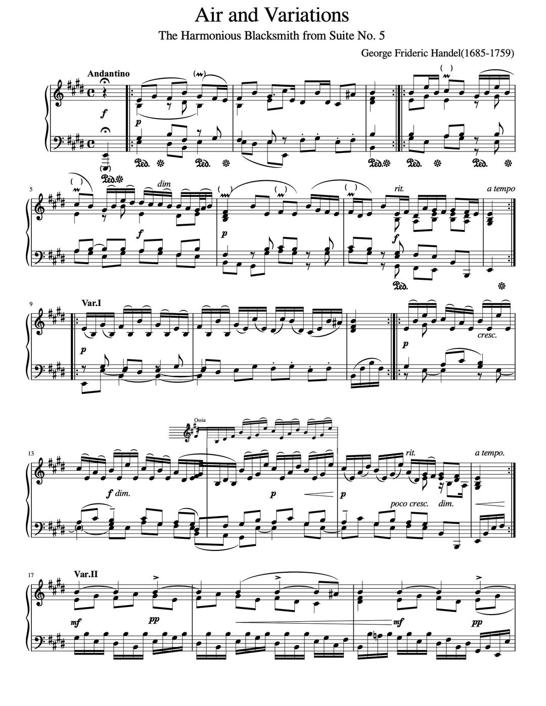 Piano Music Sheets - Air and Variations - the Harmonious Blacksmith From Suite No. 5 - Handel ...