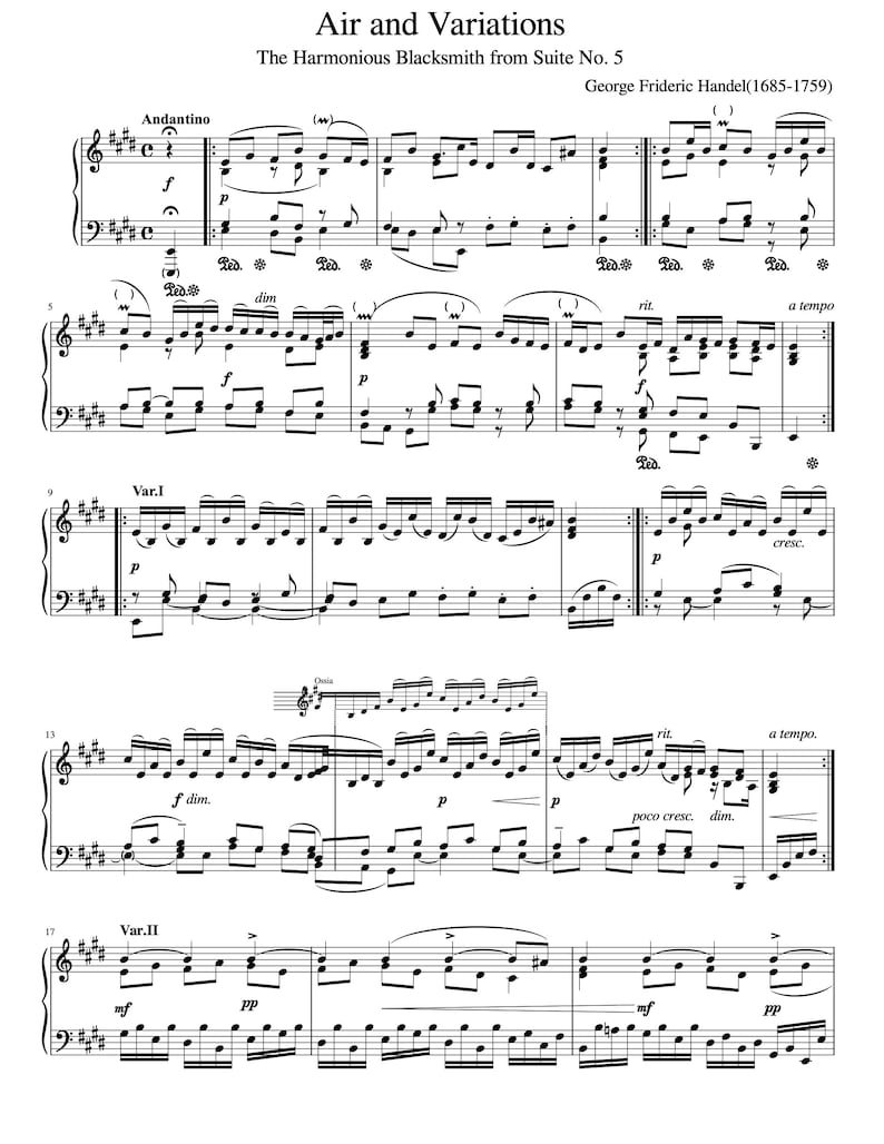 Piano Music Sheets - Air and Variations - the Harmonious Blacksmith ...
