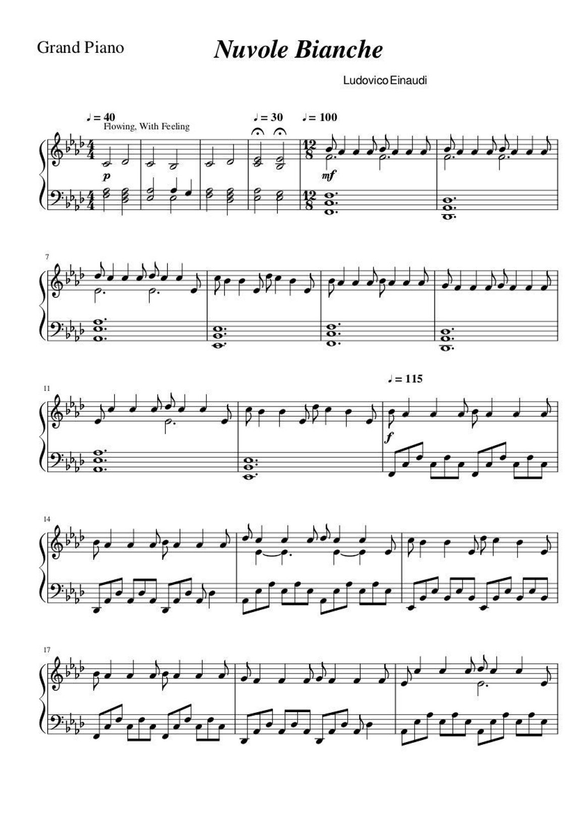 Piano Music Sheets - Nuvole Bianche by Ludovico Einaudi - Piano ...