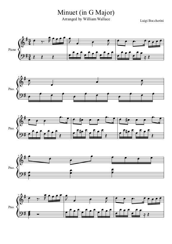 Piano Music Sheets - Minuet in G Major by Luigi Boccherini - Arranged ...