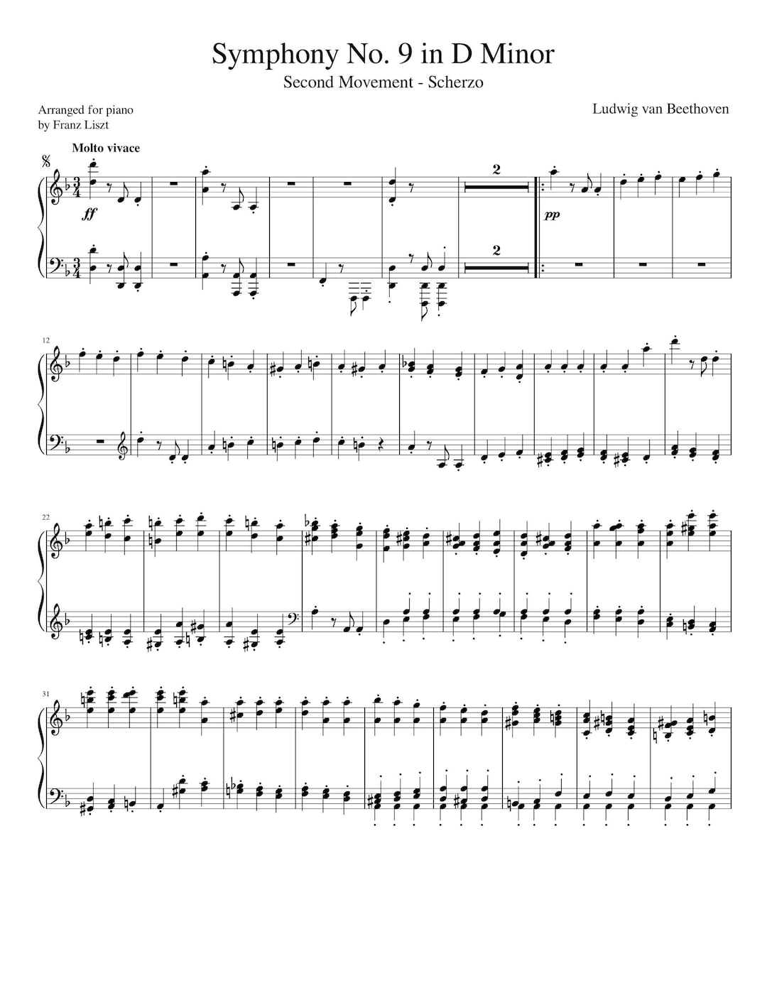 Piano Music Sheets - Symphony No. 9 in D Minor - 2nd Movement - Solo ...
