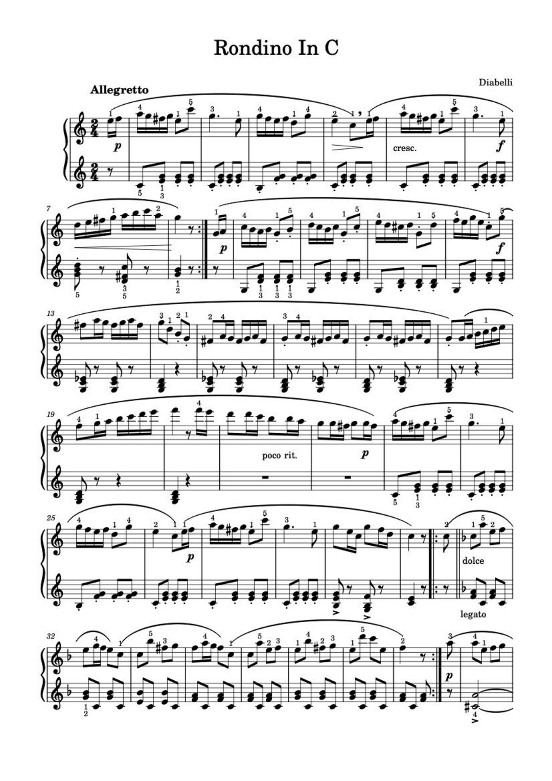 Piano Music Sheets - Rondino in C - Anton Diabelli - Digital Download ...