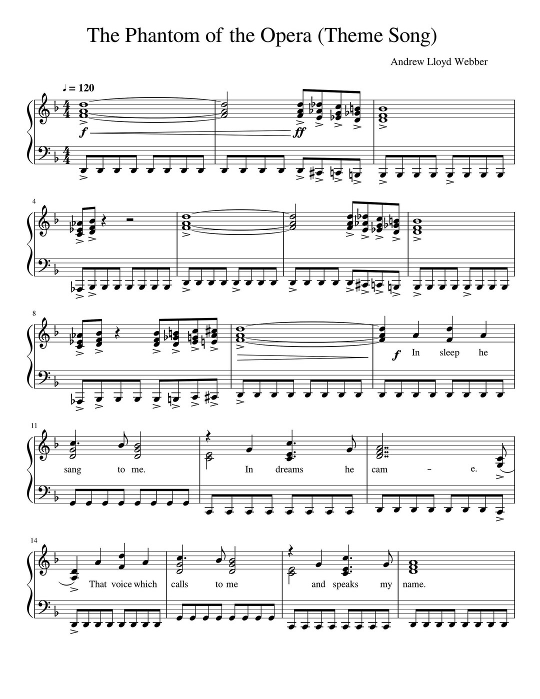 Piano Music Sheets - Phantom of the Opera (theme Song) - Andrew Lloyd ...