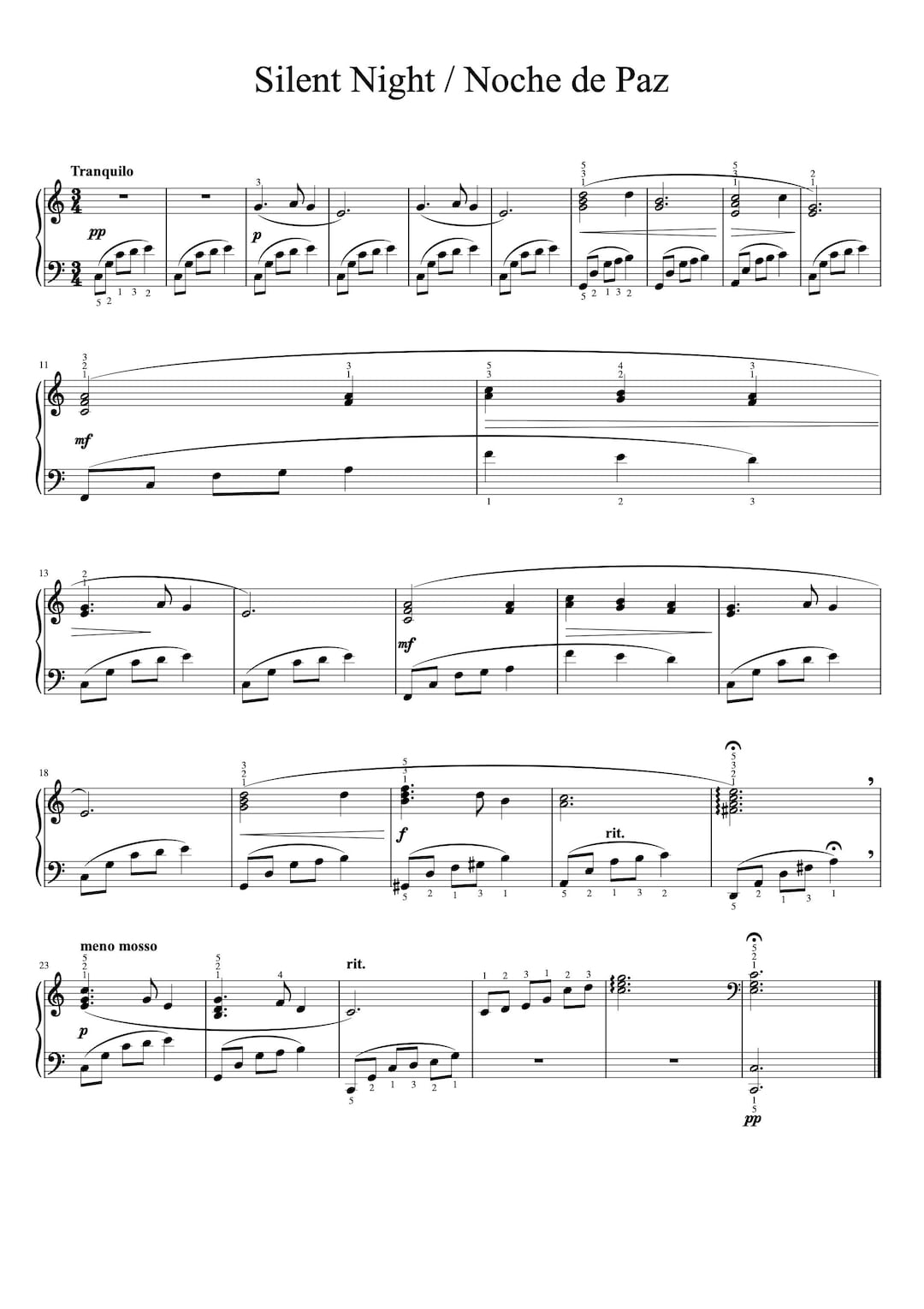 Piano Music Sheets - Silent Night - Noche De Paz - for Beginners ...