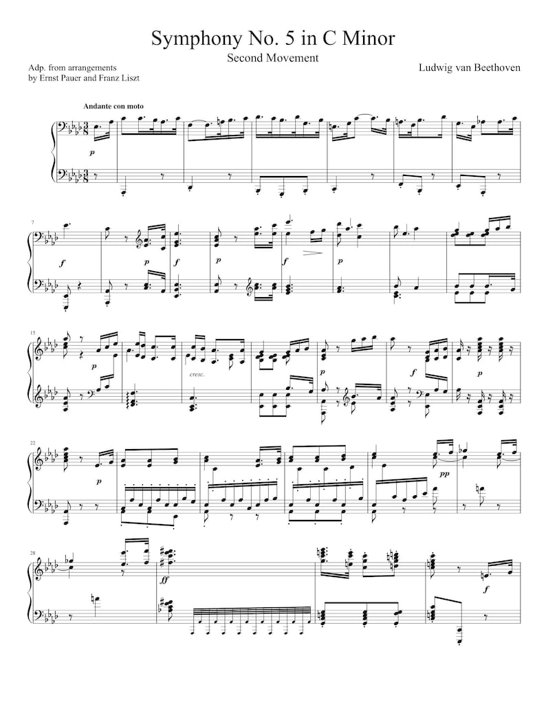 Piano Music Sheets - Symphony No. 5 in C Minor - 2nd Movement - Solo ...