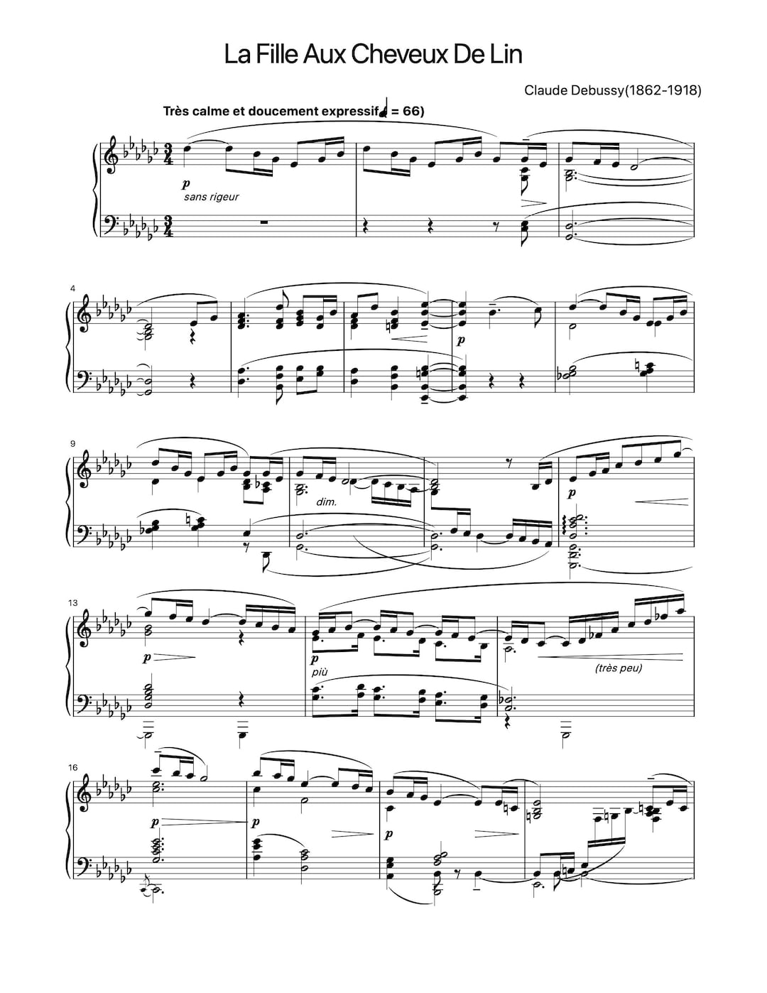 Piano Music Sheets - La Fille Aux Cheveux De Lin - From Preludes Book 1 ...