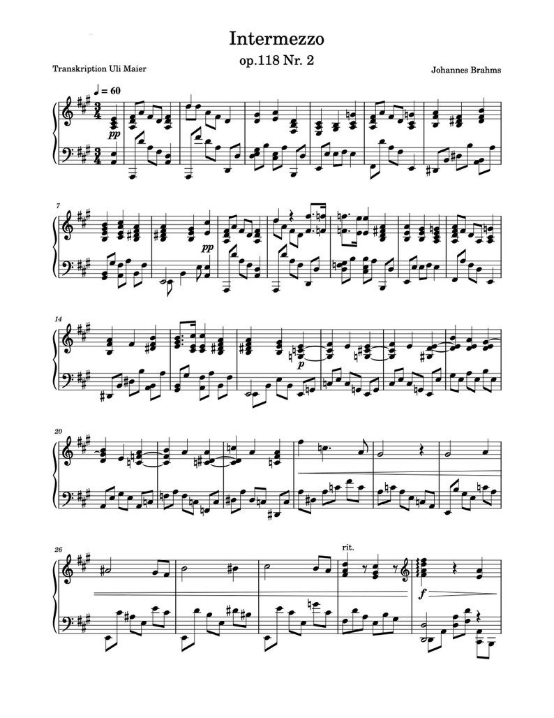 Piano Music Sheets - Intermezzo - Opus 118 No. 2 - Johannes Brahms ...