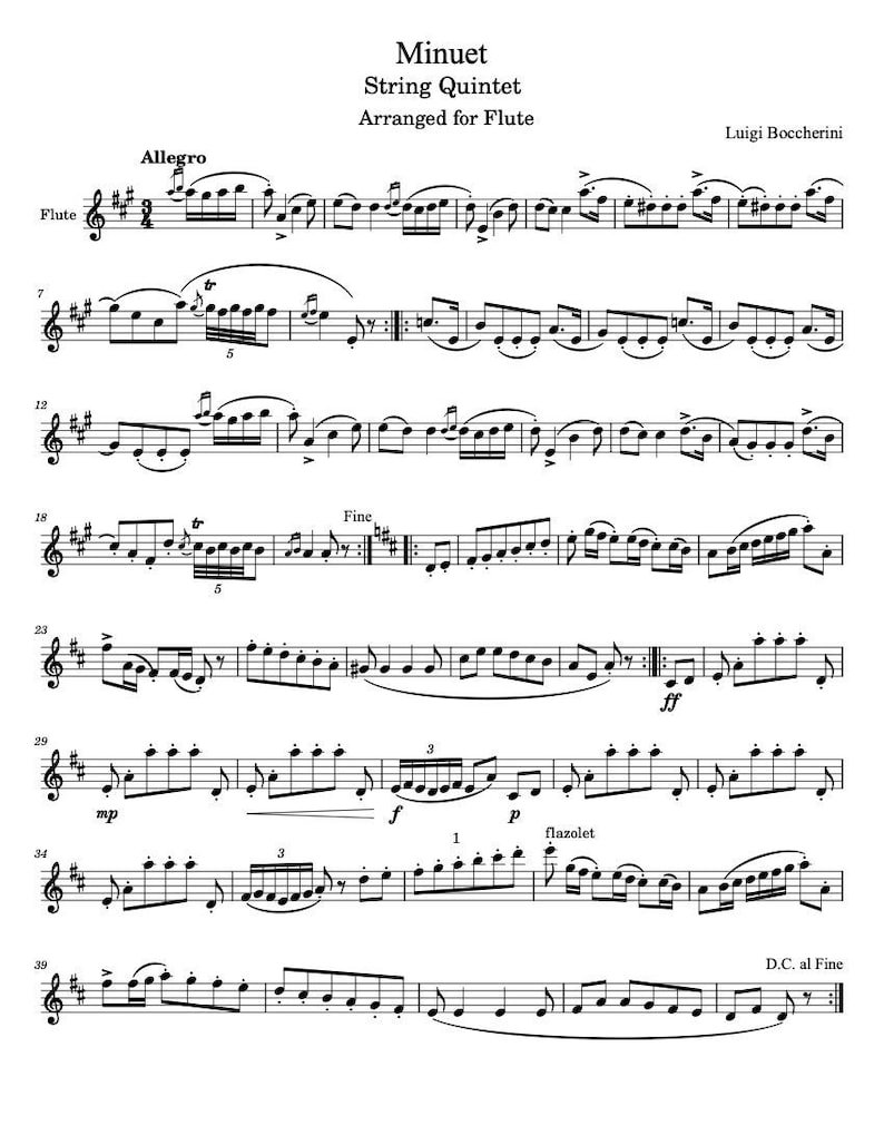 Flute Music Sheets - Minuet Arranged for Flute - Luigi Boccherini ...