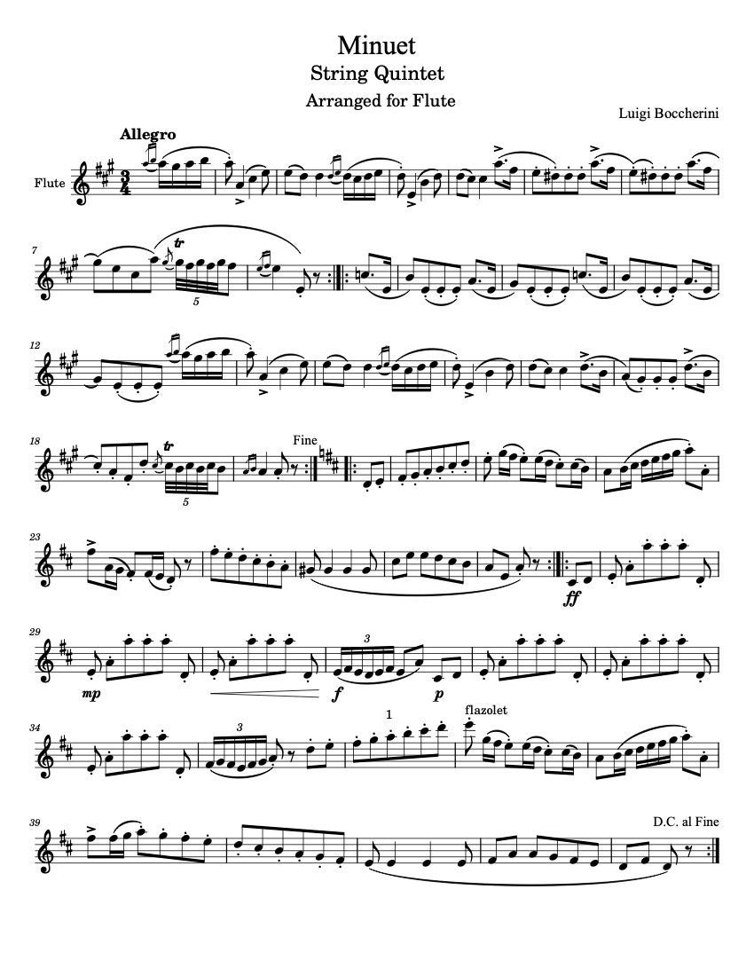 Flute Music Sheets - Minuet Arranged for Flute - Luigi Boccherini ...