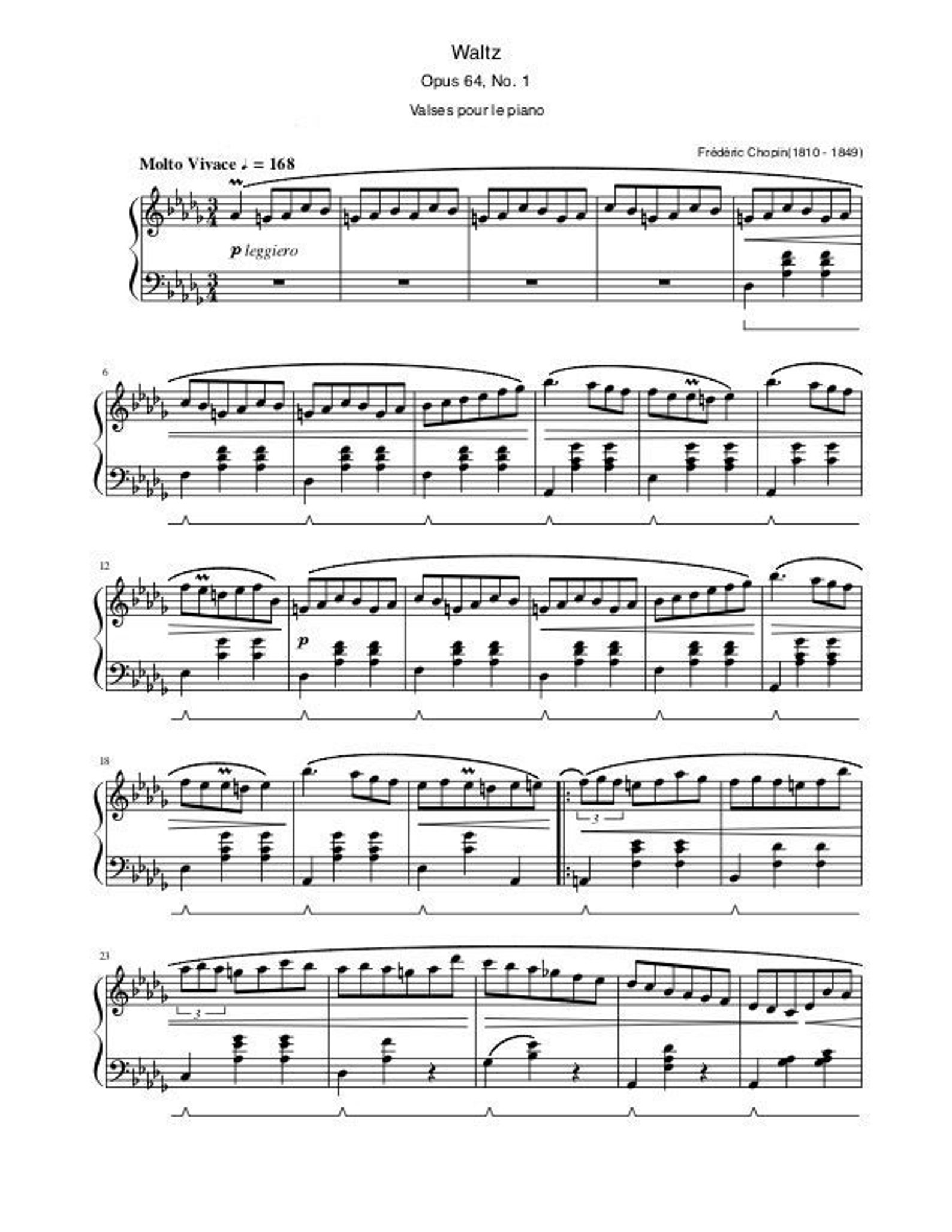 Piano Music Sheets Waltz Opus 64 No. 1 Molto Vivace in D Flat Major ...