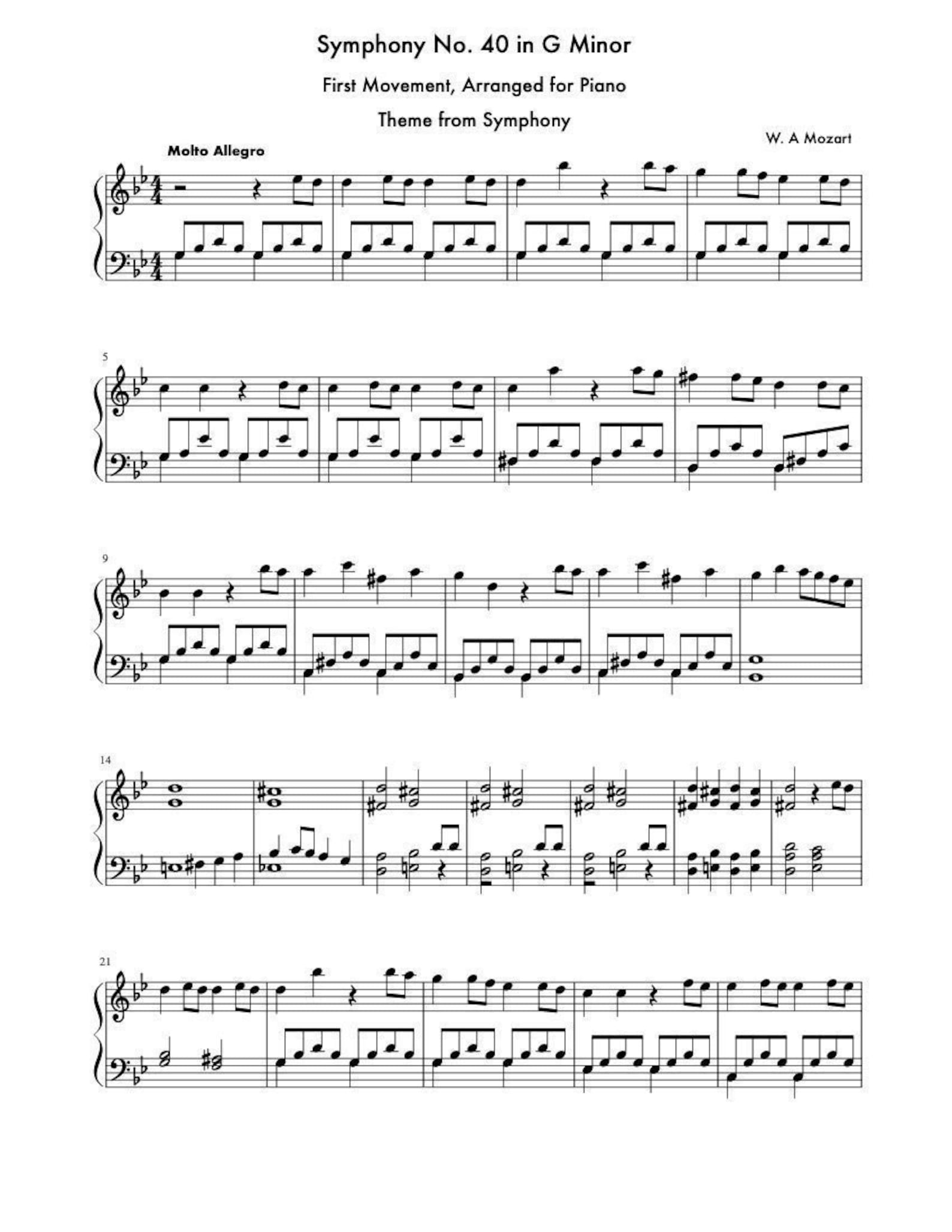 Piano Music Sheets - Theme From Symphony No. 40 in G Minor 1st Movement ...