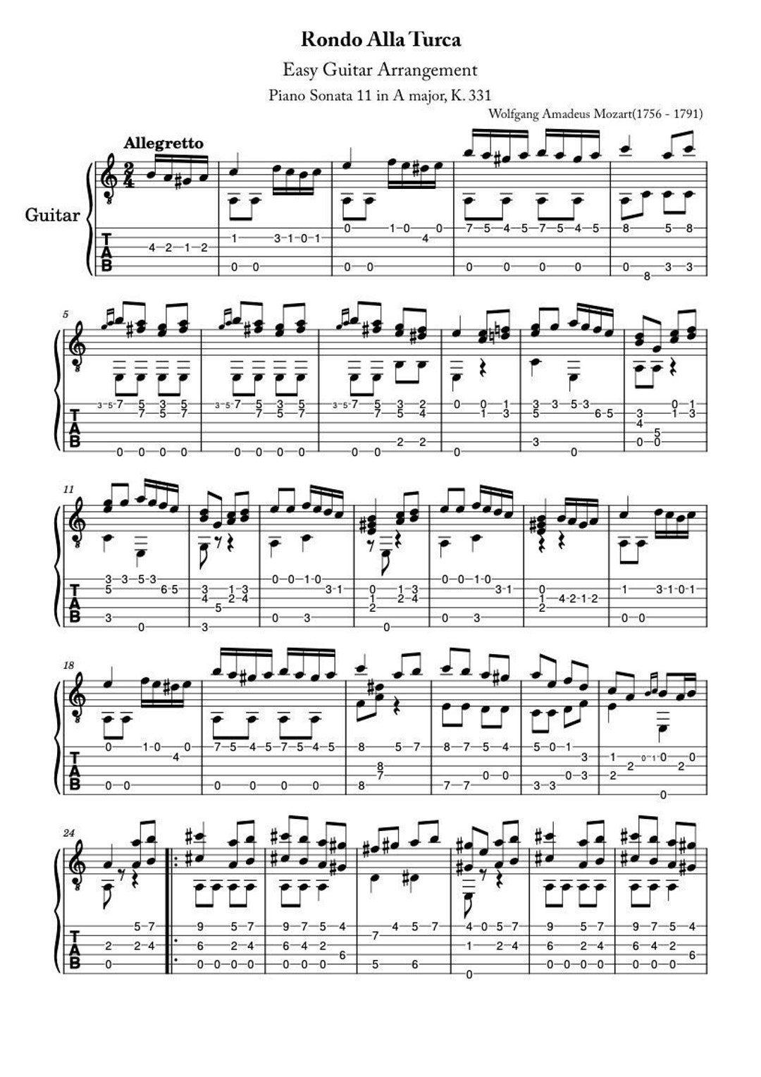 Guitar Music Sheets - Rondo Alla Turca Sonata No. 11 K.331 With Guitar ...