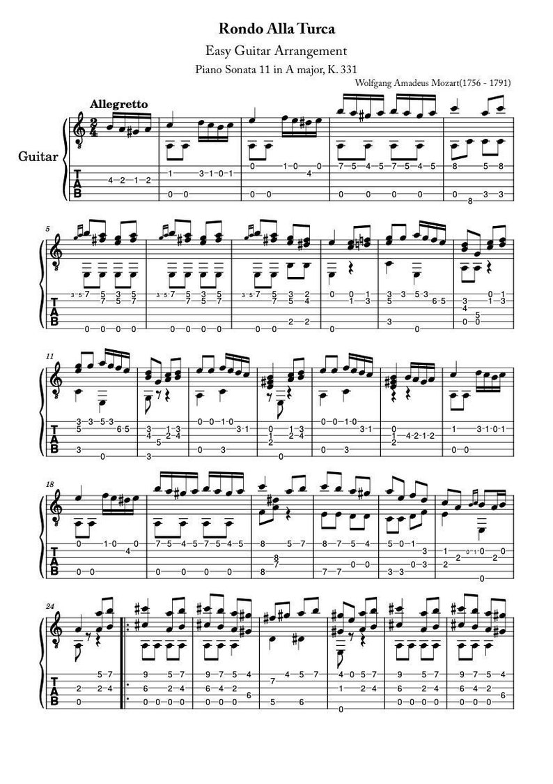 Guitar Music Sheets - Rondo Alla Turca Sonata No. 11 K.331 With Guitar ...