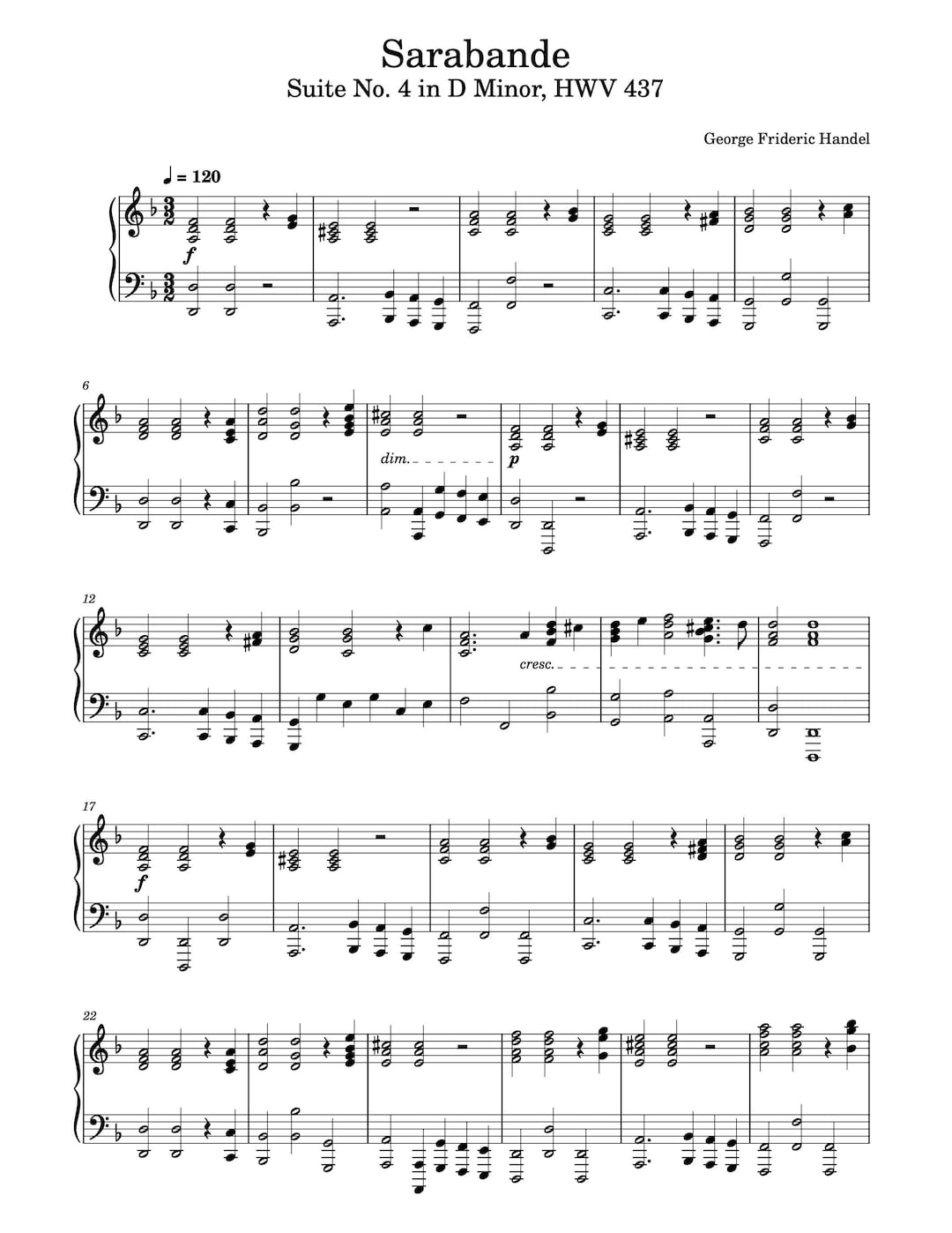 Piano Music Sheets - Sarabande - Suite No. 4 in D Minor - HWV 437 ...