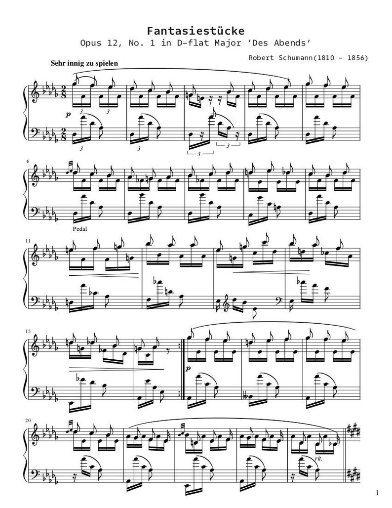 Piano Music Sheets - Fantasiestücke in D Flat Major Opus 12 No 1 'des ...