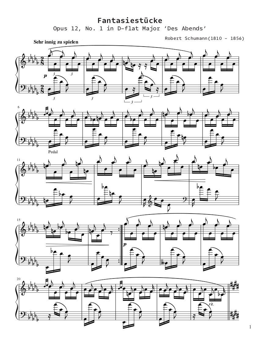 Piano Music Sheets - Fantasiestücke in D Flat Major Opus 12 No 1 'des ...
