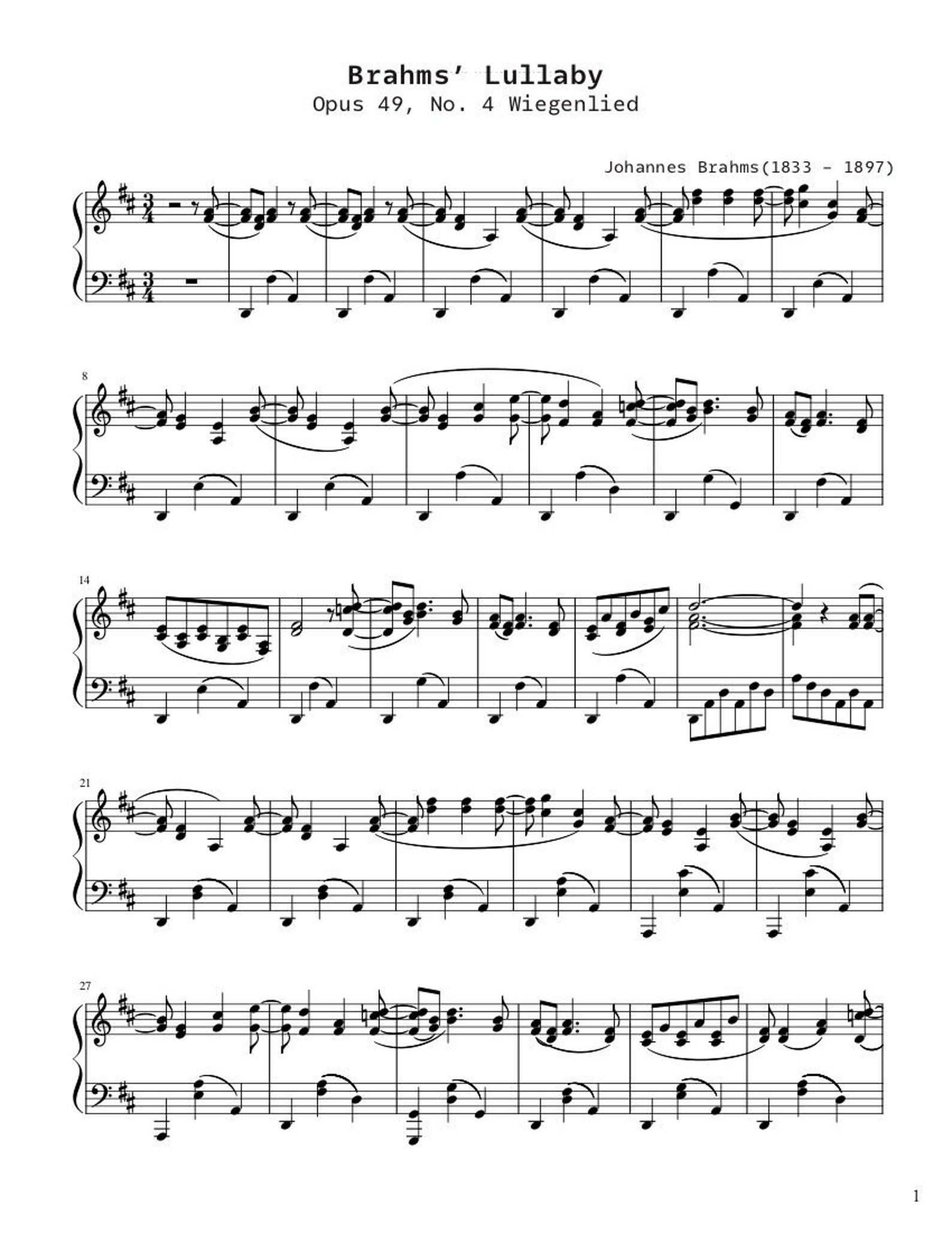 Piano Music Sheets - Brahms Lullaby Opus 49 No 4 'wiegenlied ...