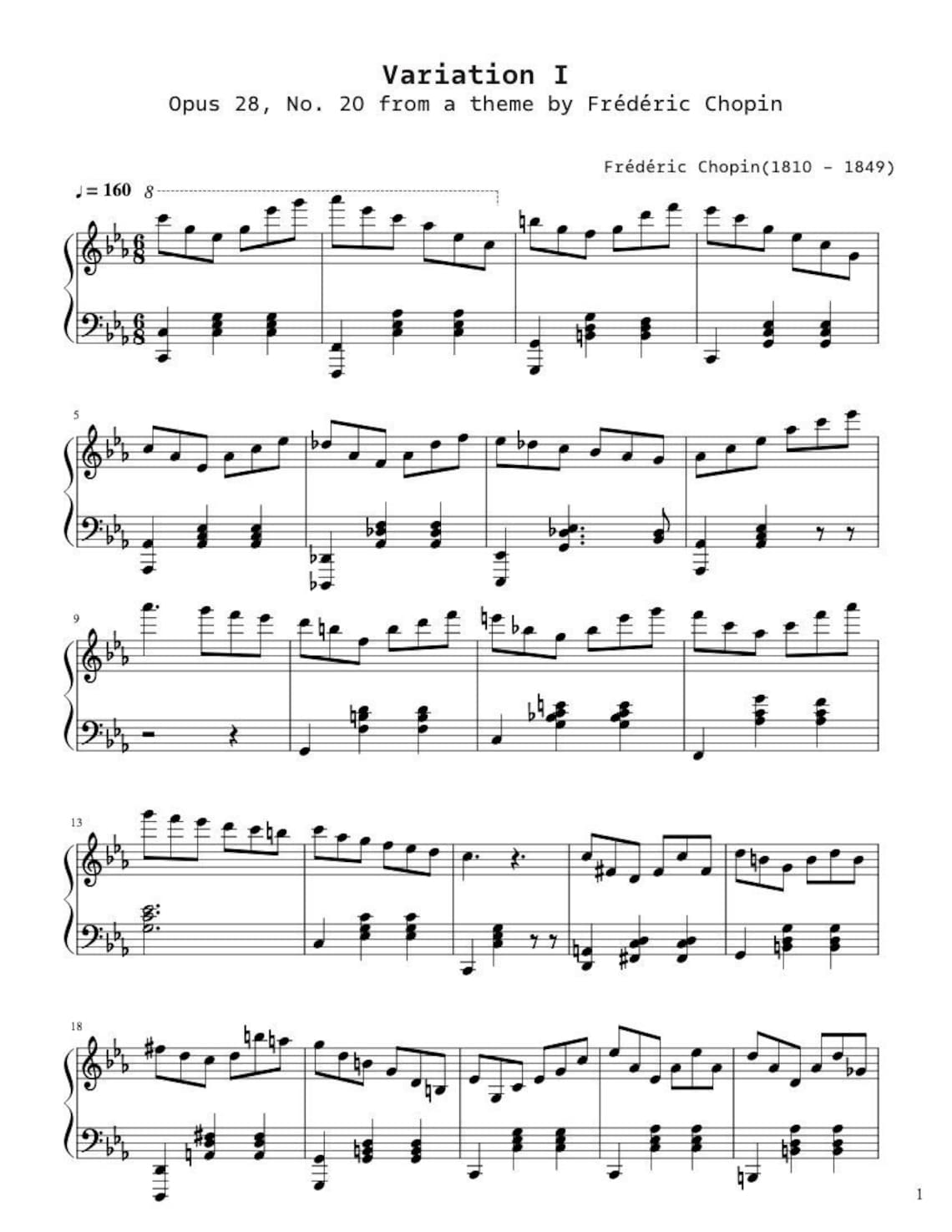 Piano Music Sheets - Variation I - Opus 28 No 20 - A Theme by Frederic ...