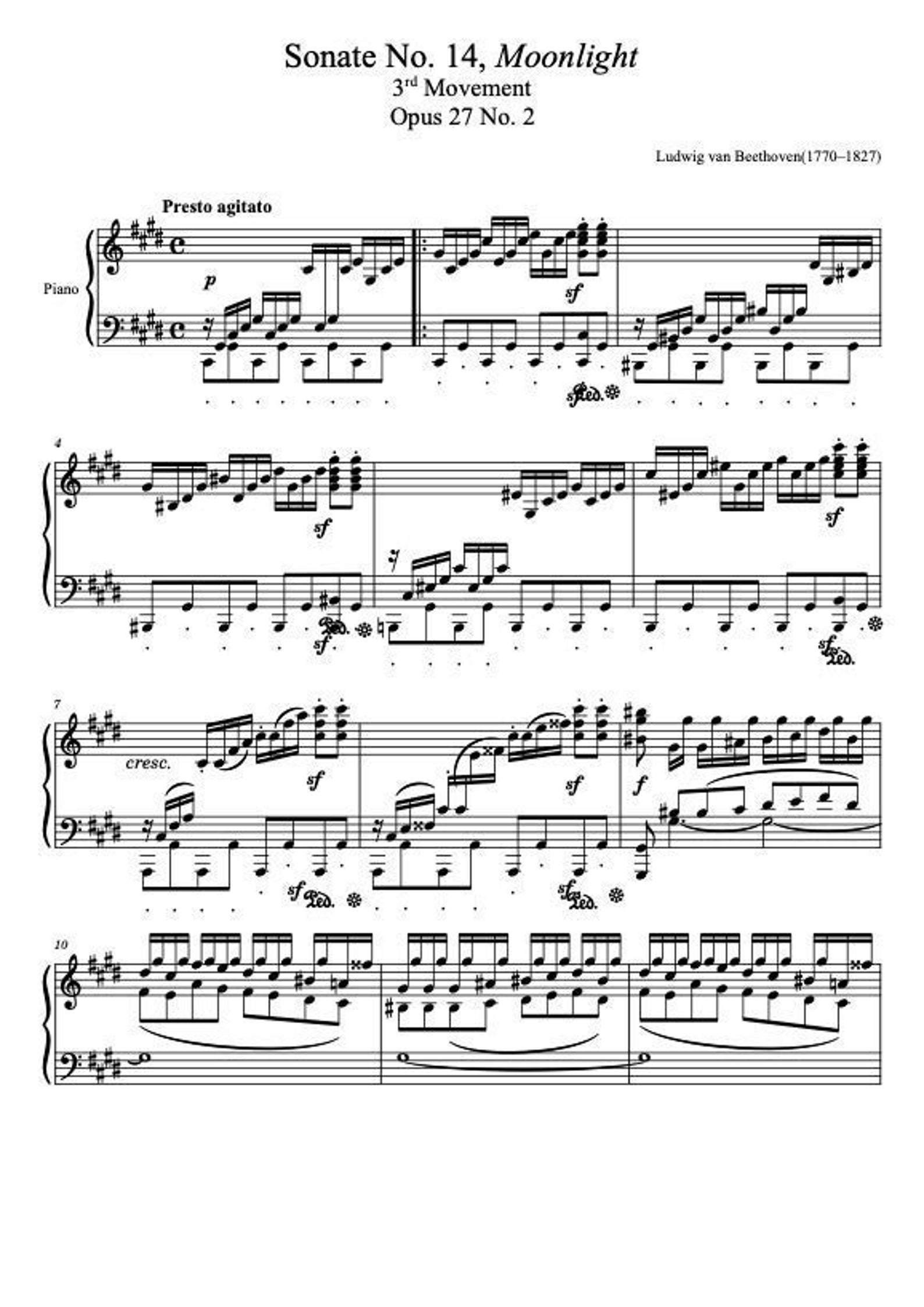 Piano Music Sheets - Sonata 14 Moonlight Sonata - 3rd Movement - Opus ...