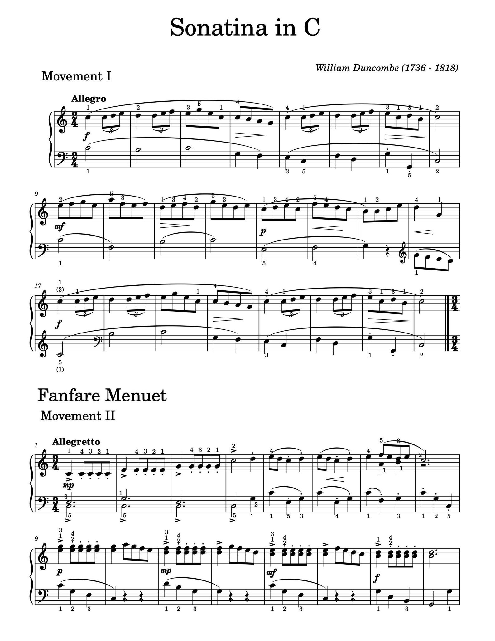 Piano Music Sheets - Sonatina C Major - 3 Movements - William Duncombe ...