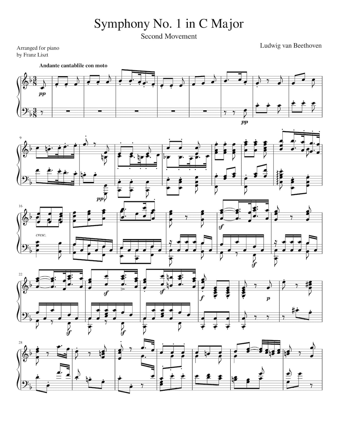 Piano Music Sheets - Symphony No. 1 in C Major - 2nd Movement - Piano ...