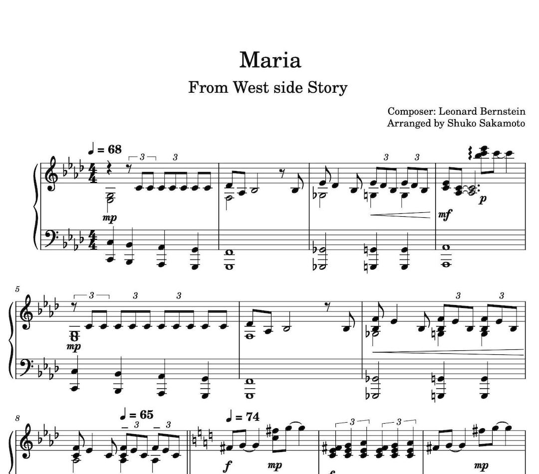 Piano Music Sheets - Maria From West Side Story - Leonard Bernstein ...