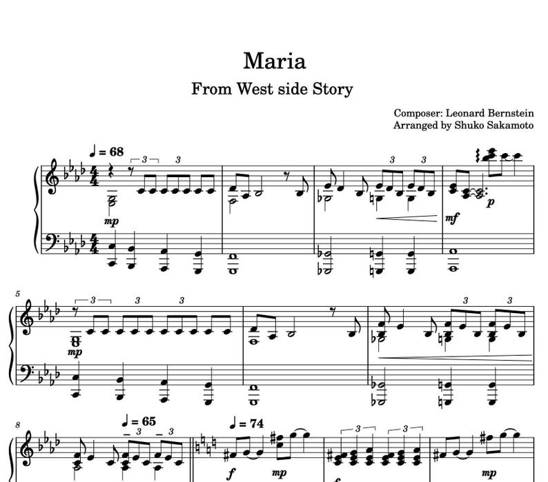 Piano Music Sheets - Maria From West Side Story - Leonard Bernstein ...