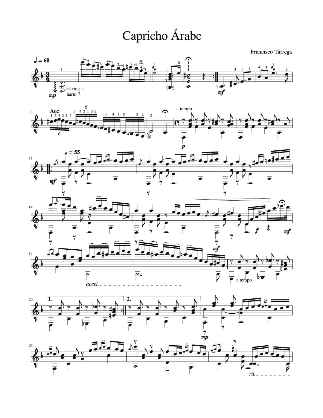 Guitar Music Sheets - Capricho Árabe - Francisco Tarrega - Digital ...