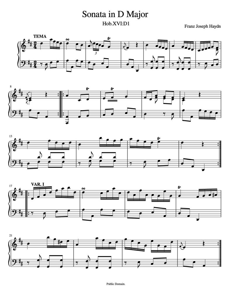 Piano Music Sheets - Sonata in D Major - Hob. XVI D1 - Franz Joseph ...
