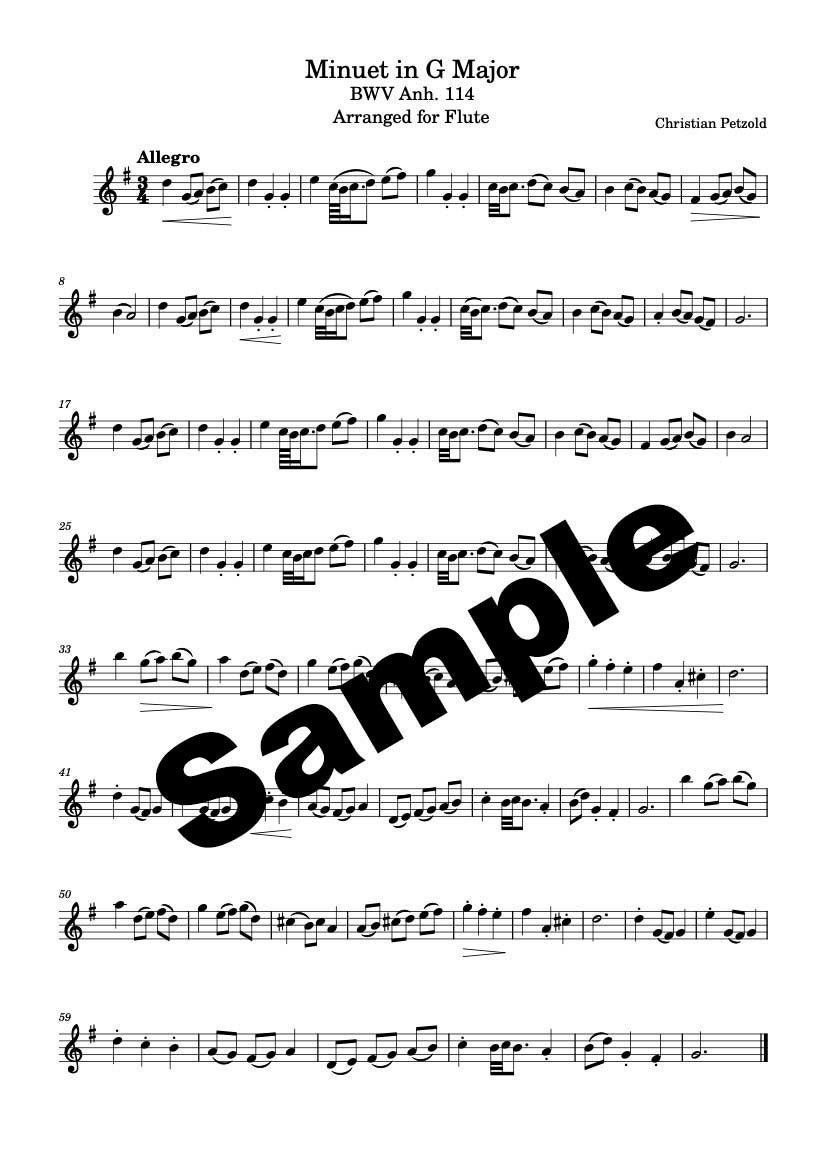 Flute Music Sheets - Minuet in G Major BWV Anh 114 Arranged for Flute ...