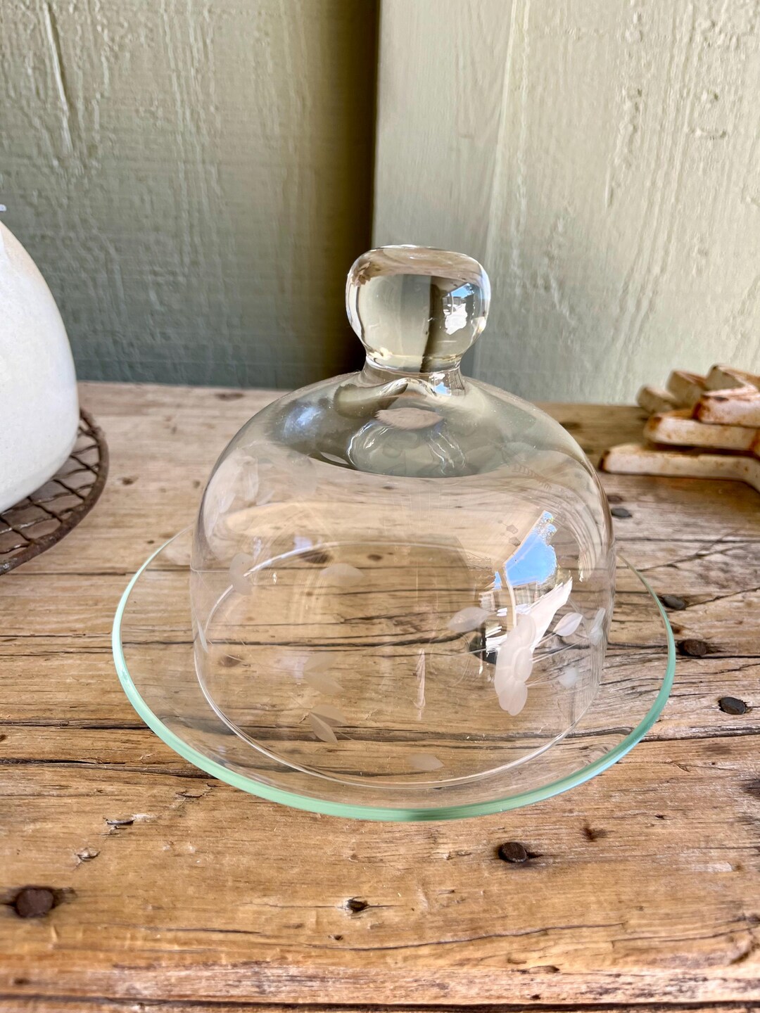 Cheese Dish / Cloche Dome / Etched Flowers / Clear Glass / - Etsy