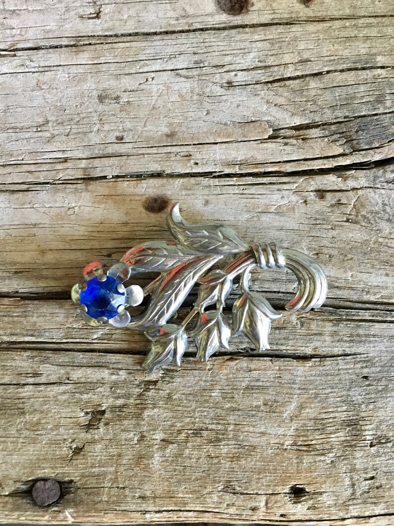 Silver Tone / Silvertone Brooch / Large Blue Rhinestone / Prong Set ...