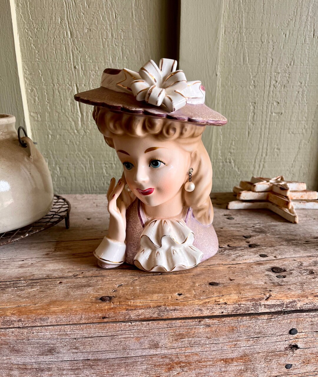 Ceramic Vase / Relpo K1333 / Female Headvase / Blue Eyes / Beige Hat ...
