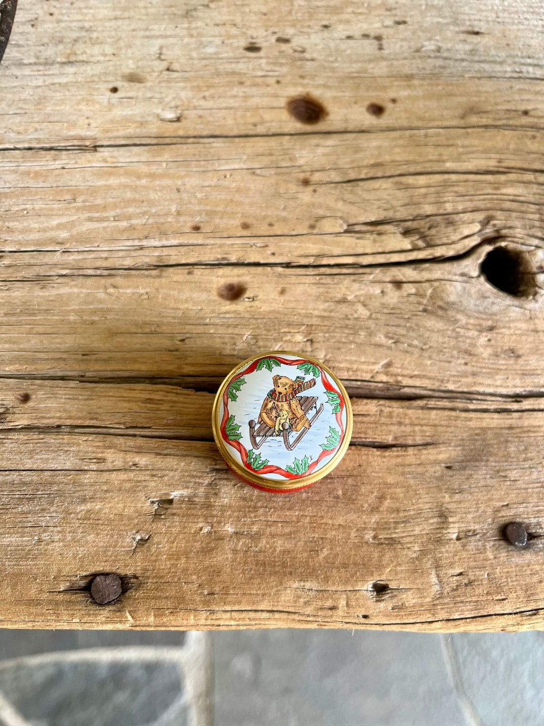 Crummles & Rochard / Enamel Box / Circular Box / Red Enamel / White Enamel Interior / Teddy ...