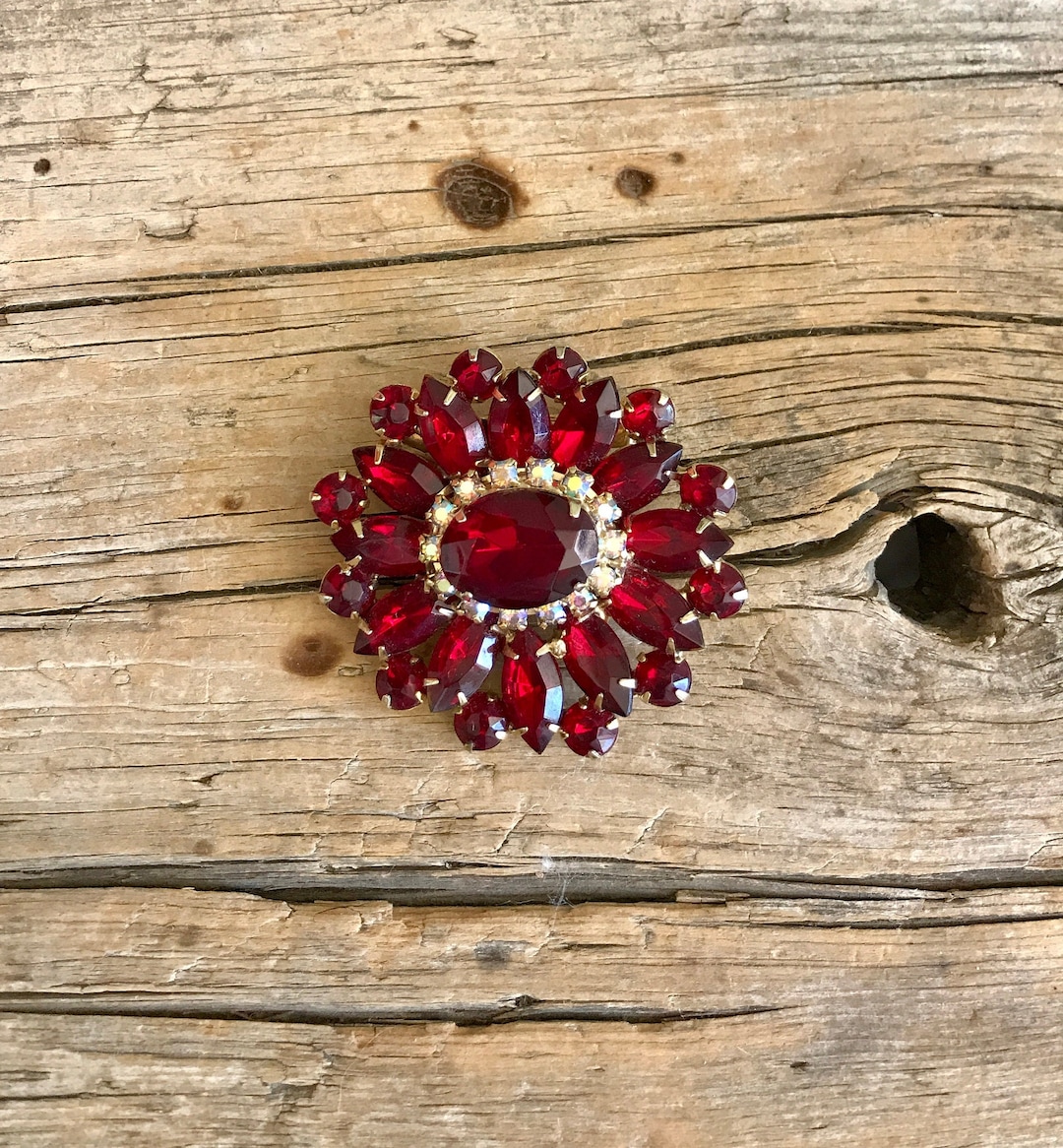 Gold Tone / Rhinestone Brooch / Red Rhinestones / Clear Rhinestones ...
