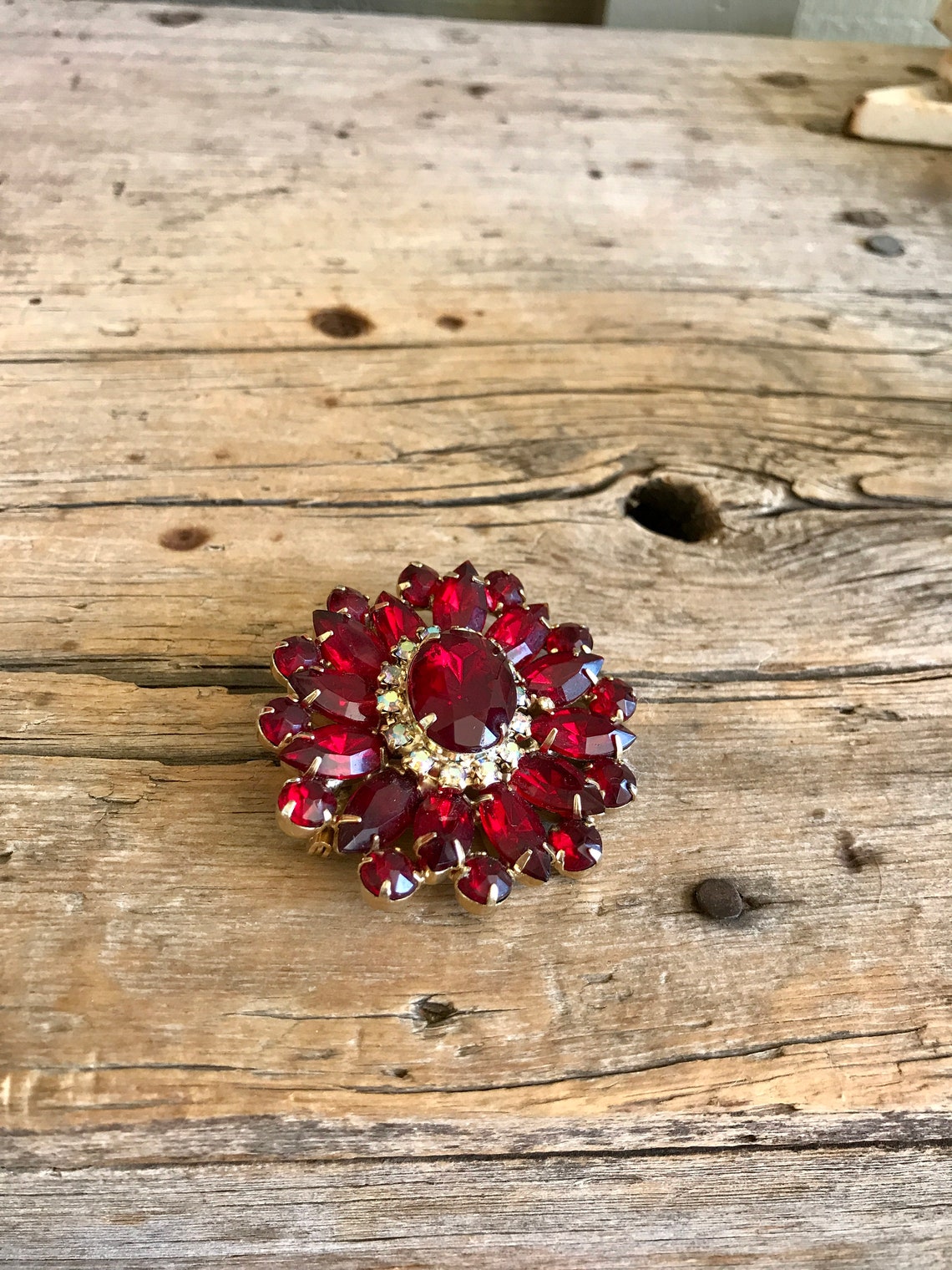 Gold Tone / Rhinestone Brooch / Red Rhinestones / Clear - Etsy