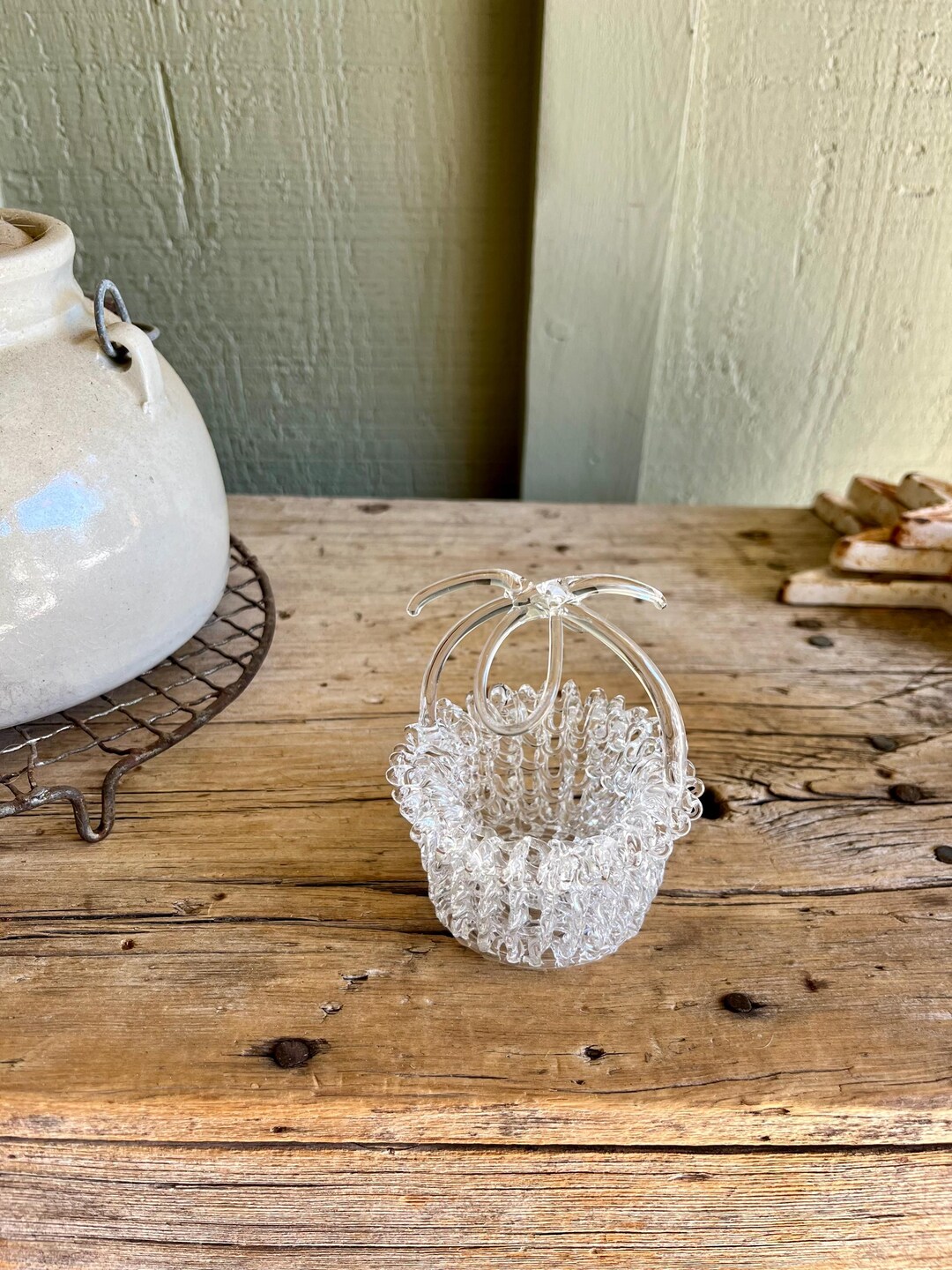 Glass Basket / Clear Glass / Blown / Spun / Art Glass / Basket Figurine ...